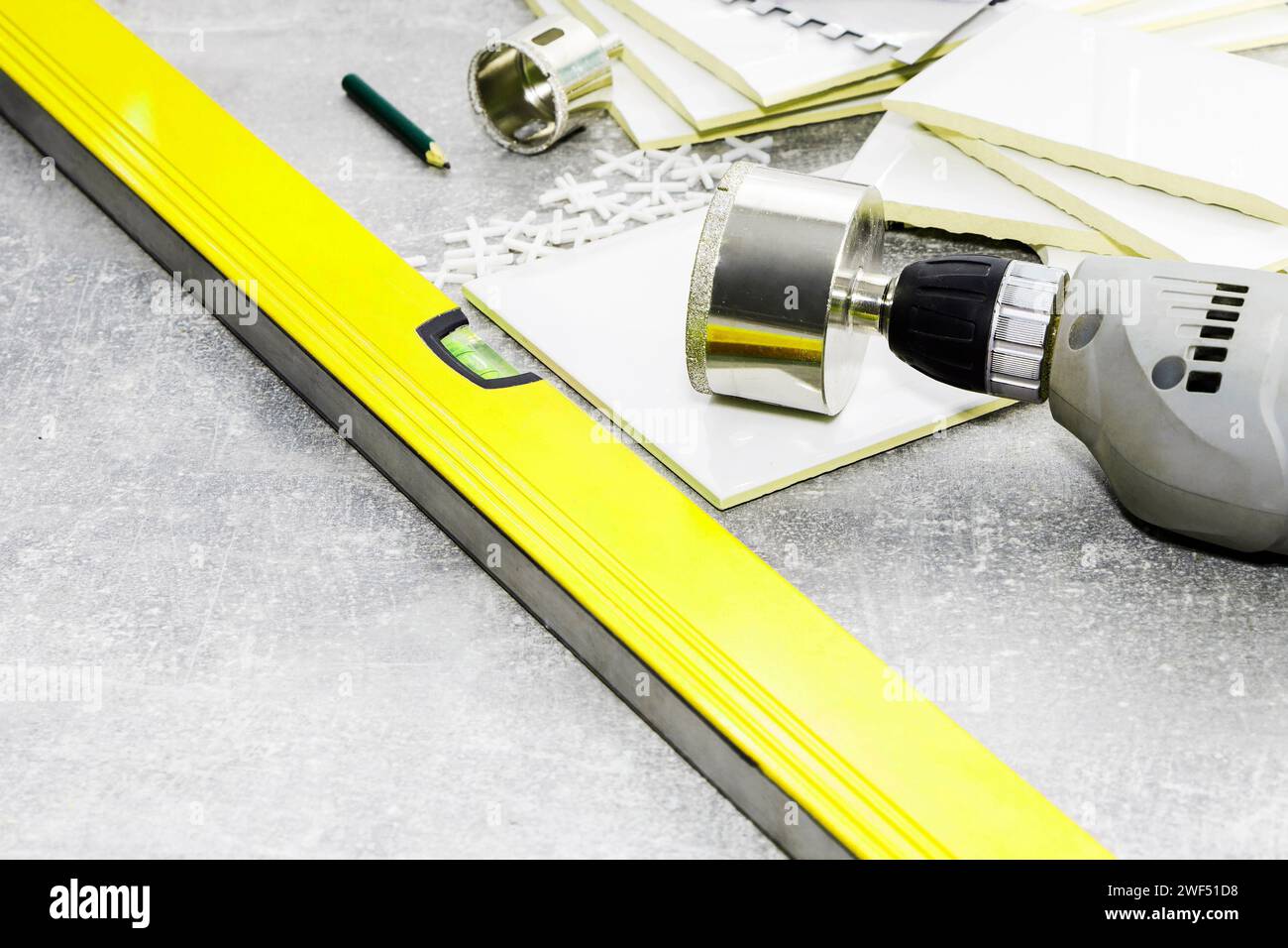 Ceramic tiles and tools for tiler. Floor tiles installation. Home ...