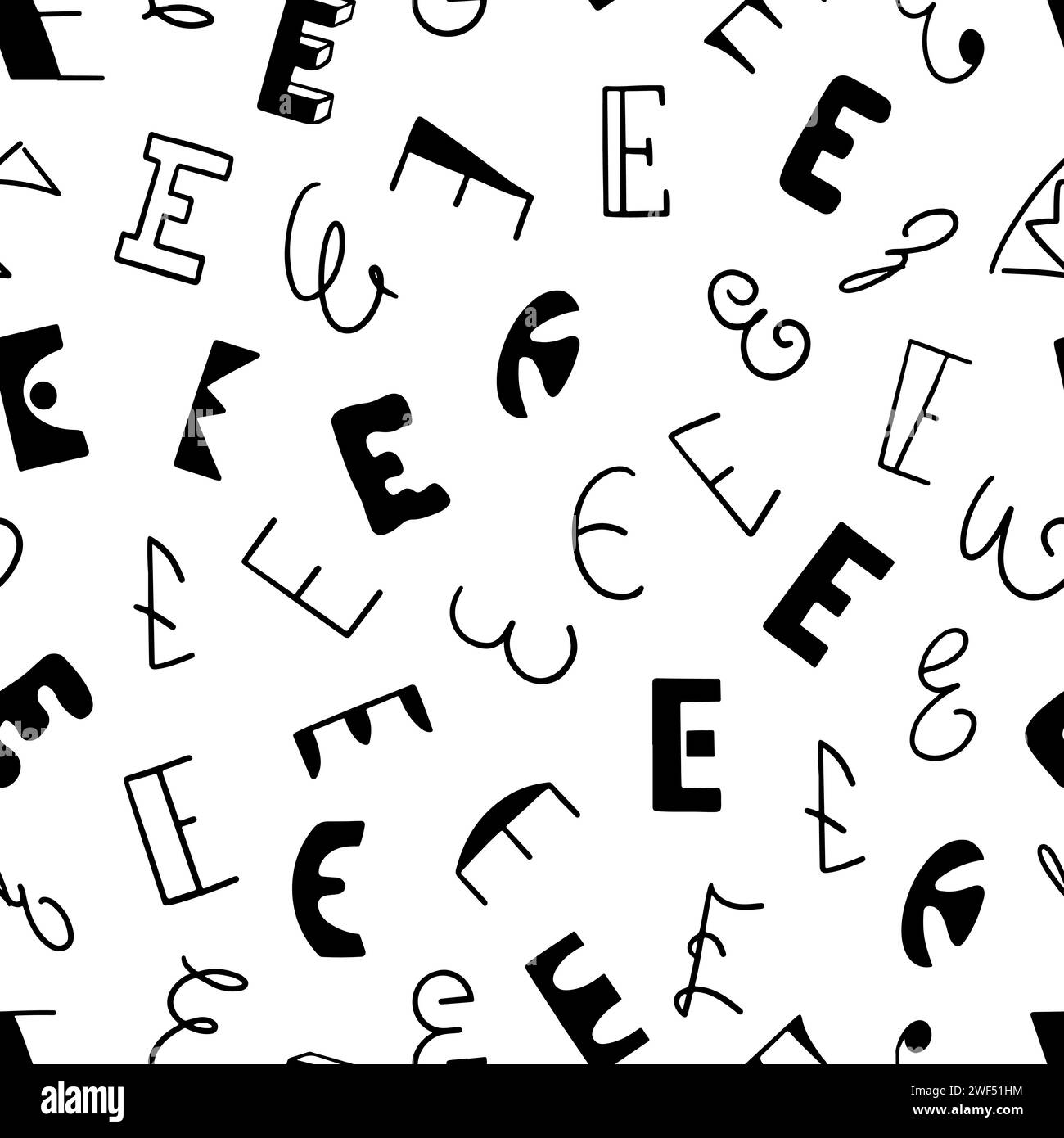 Black and white seamless pattern with the letter E in various styles ...