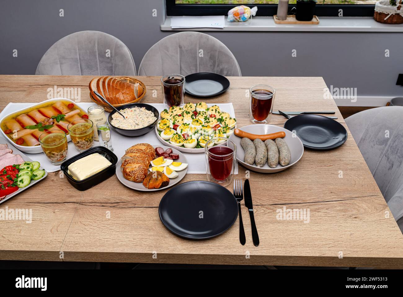Traditional dishes from Poland for Easter breakfast, lying on the table ...
