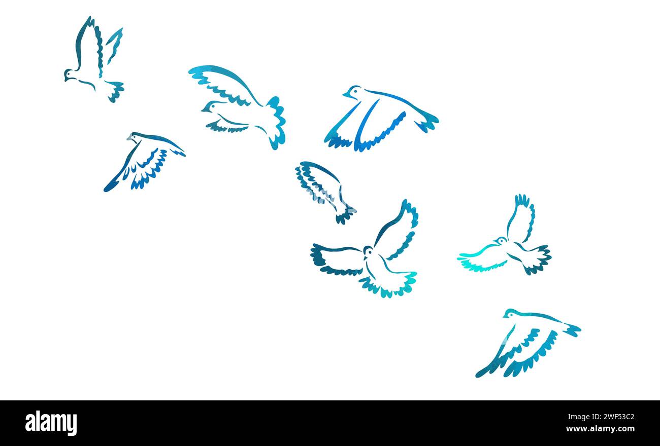 A flock of blue watercolor flying birds. Free birds abstraction. hand ...