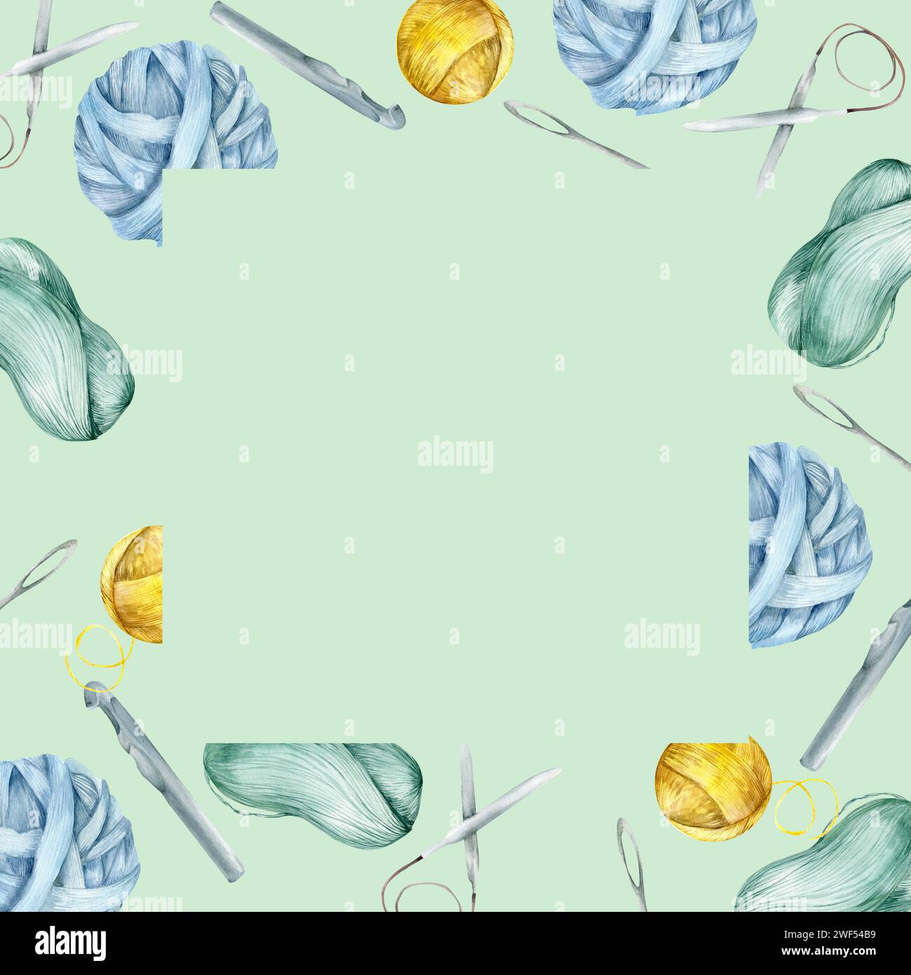 Watercolor wool knitting square frame on pastel green background with ...