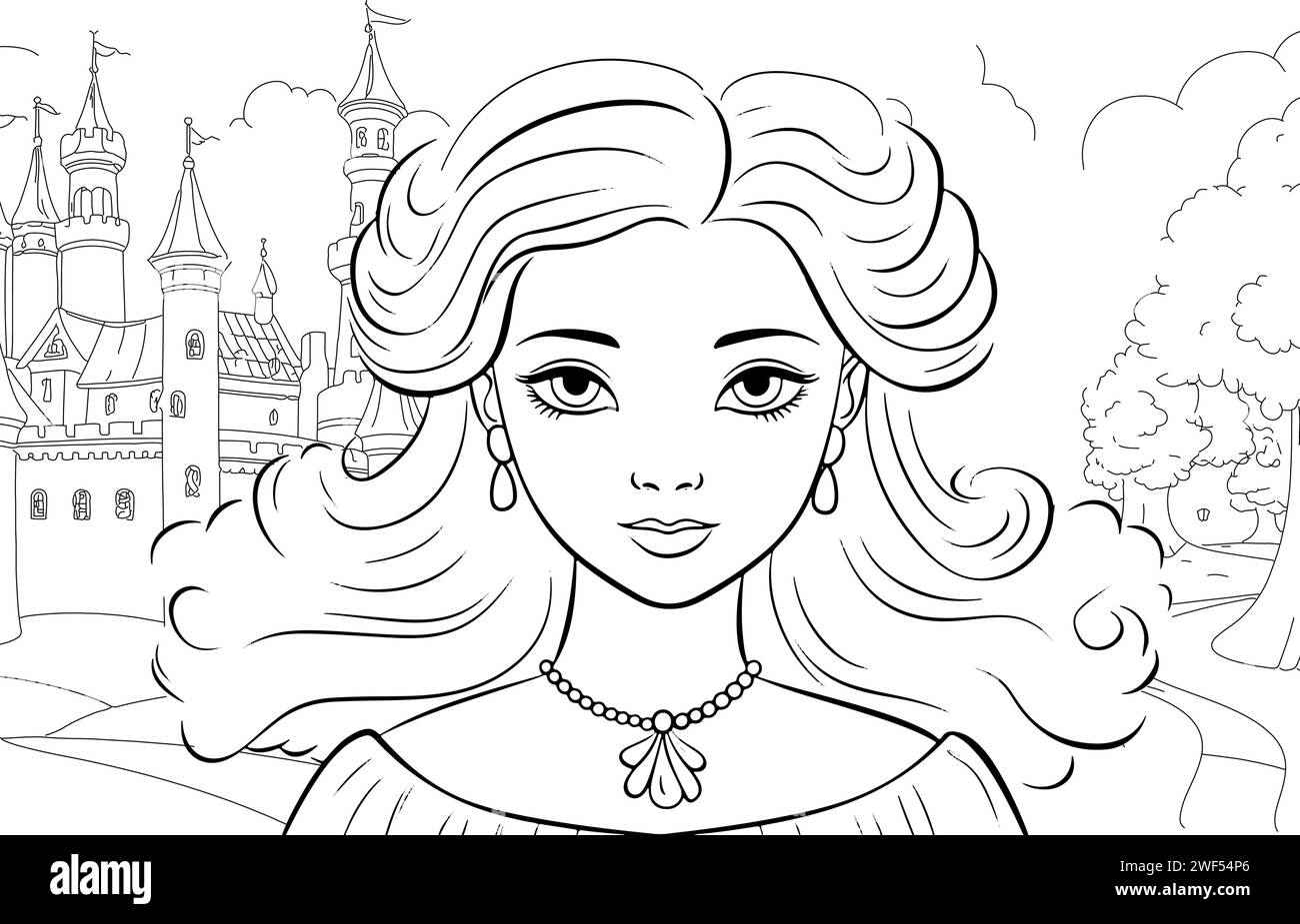 Young princess portrait coloring page. Outline black ink drawing ...