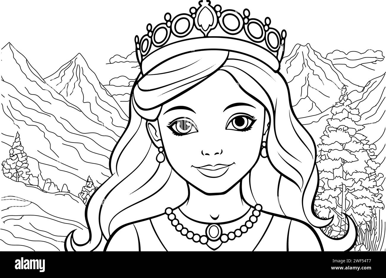 Young princess portrait coloring page. Outline black ink drawing ...