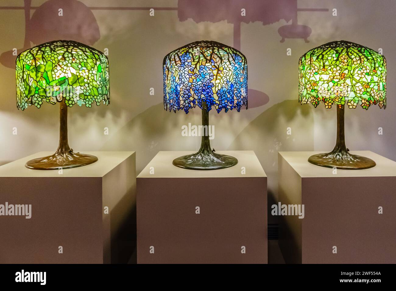 Three Tiffany table lamps with blue and green shades Three Tiffany ...