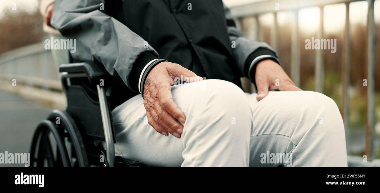 Legs, wheelchair and person with nurse outdoor for walk, health or ...