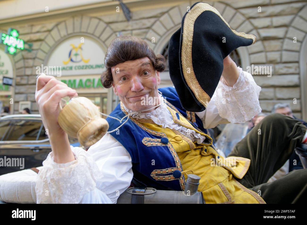 Florence, Italy. 28th Jan, 2024. A man masked as Stenterello, the ...