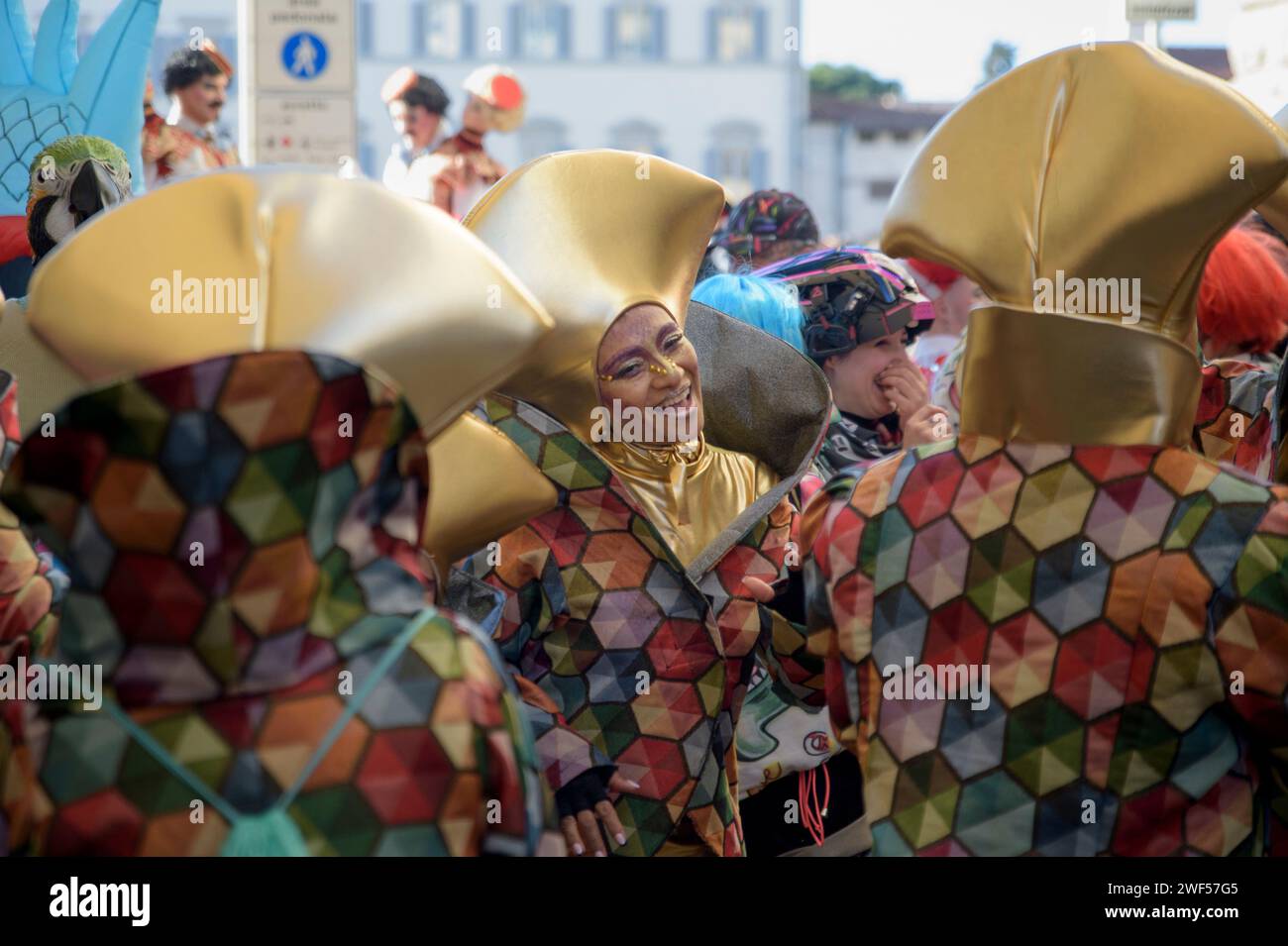 Florence, Italy. 28th Jan, 2024. Modern harlequins during the parade ...