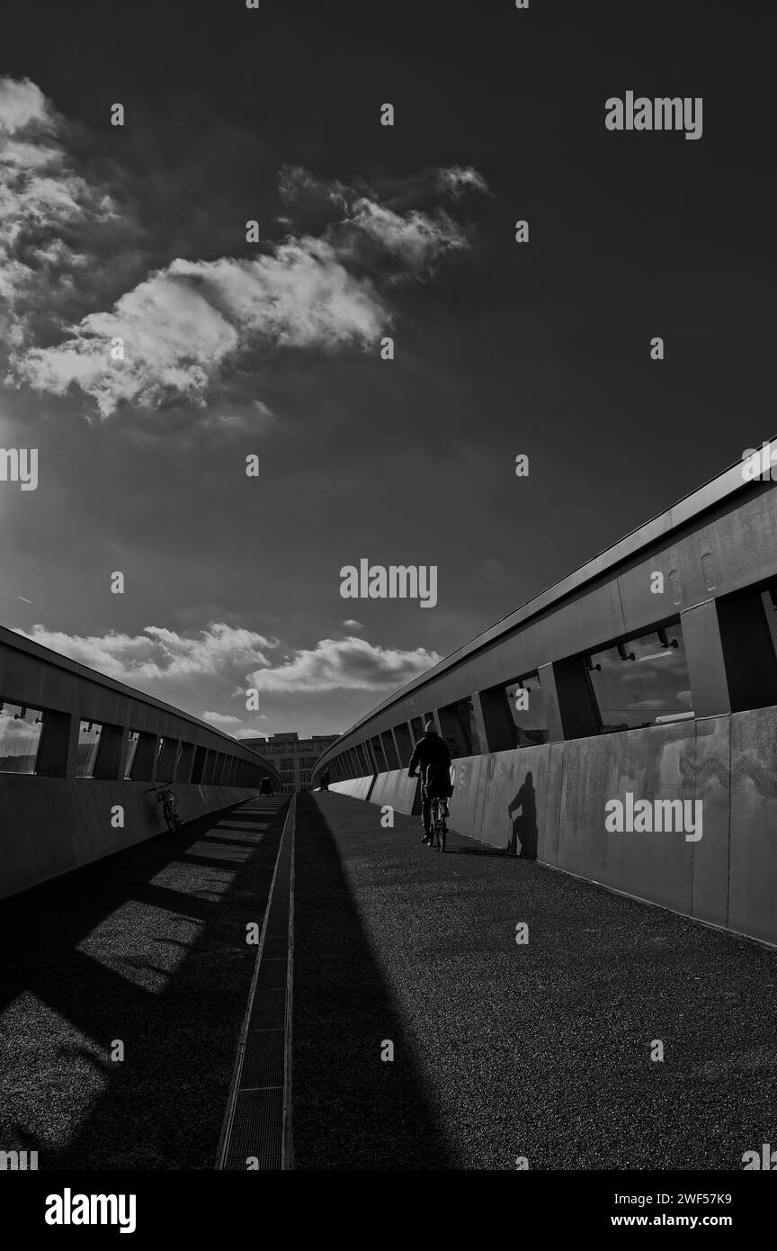 View on the new pedestrian bridge "Arnulfsteg" in Munich in black and ...