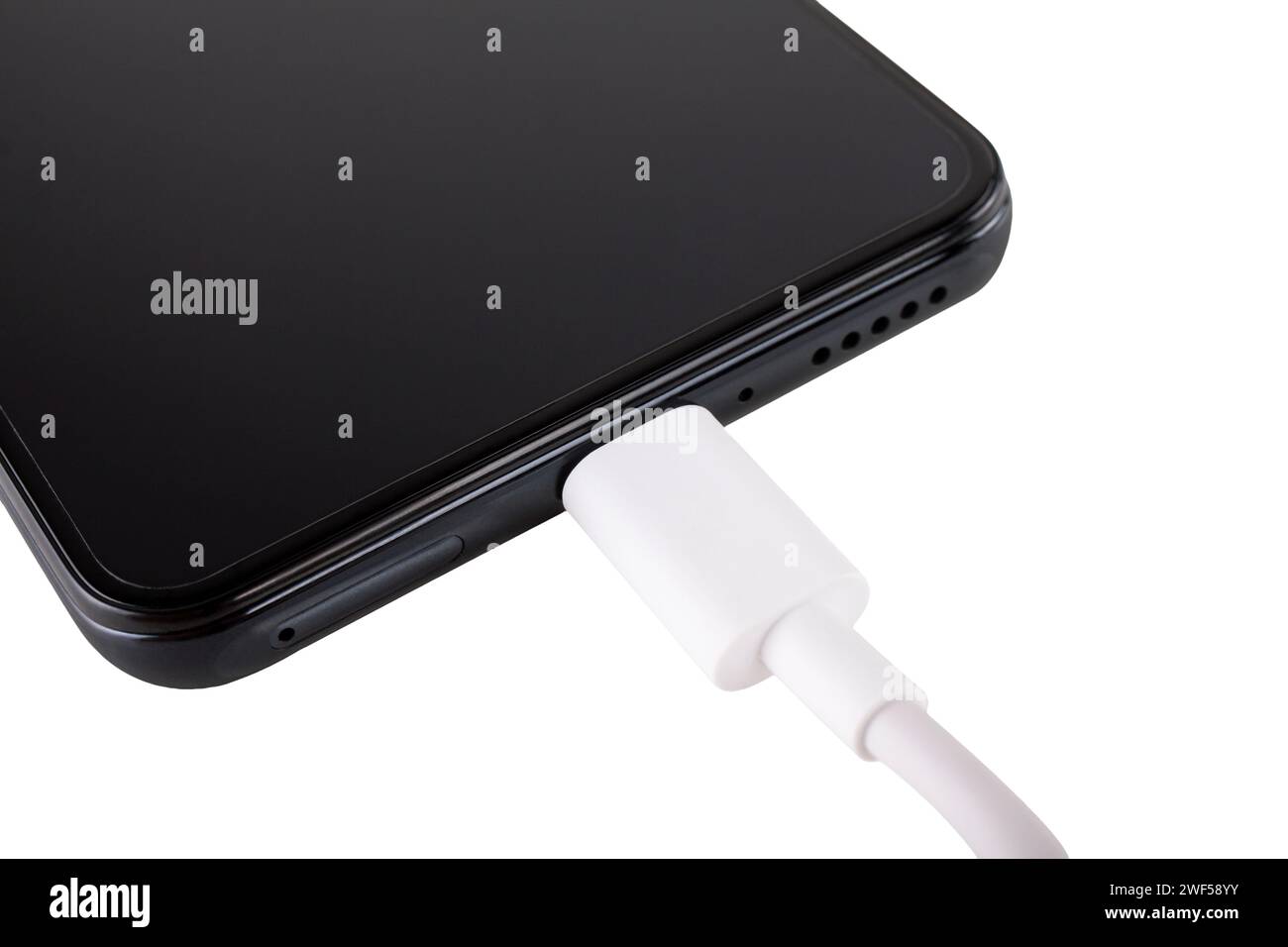 Smartphone or mobile phone charging with cable isolated on white ...