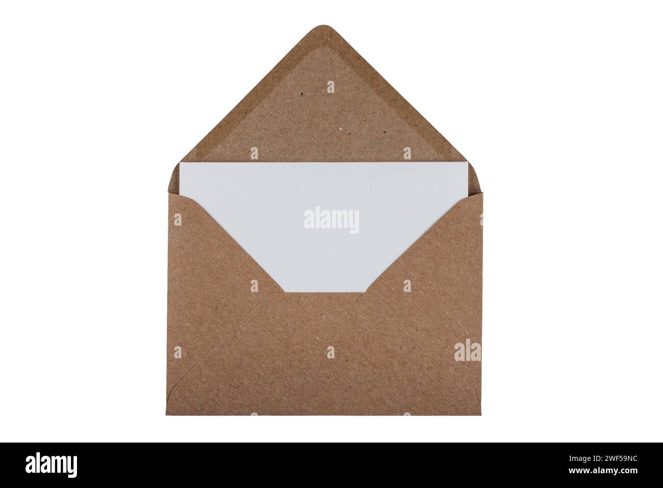 Empty white greeting card in a brown envelope isolated on a white ...