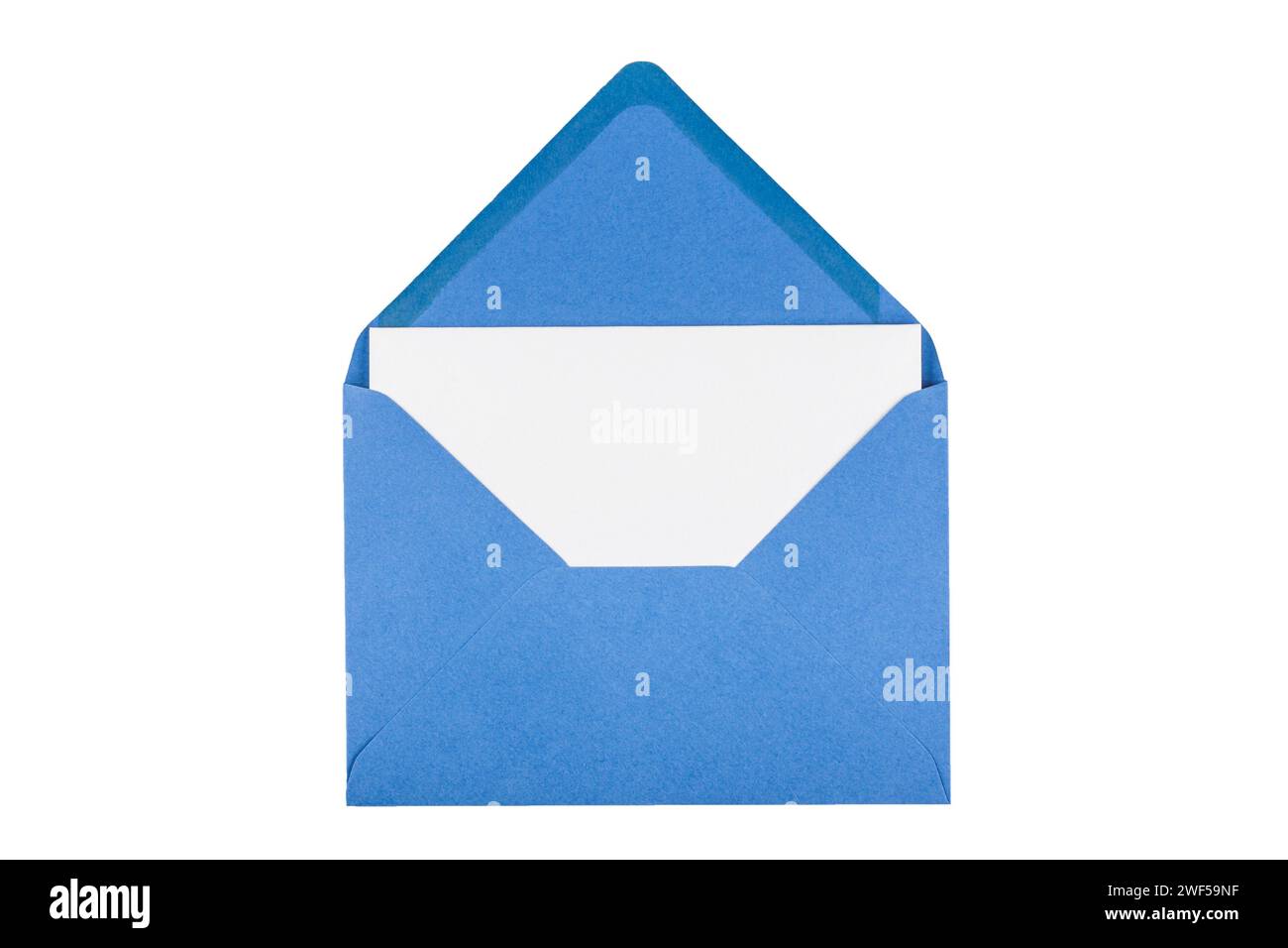 Empty white greeting card in a blue envelope isolated on a white ...