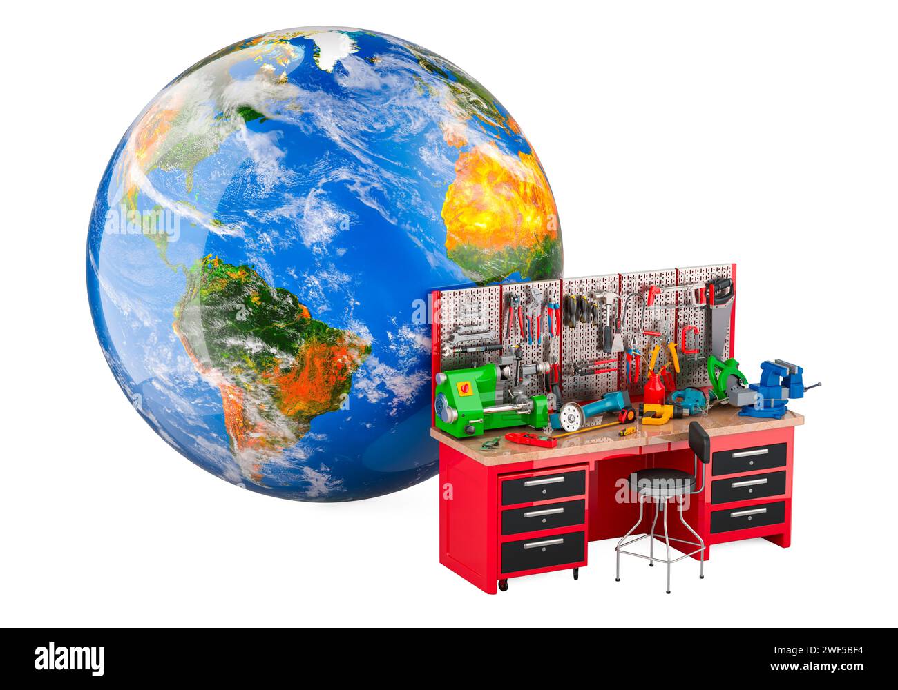 Maintenance work table with tools with Earth Globe. Service, repair and ...