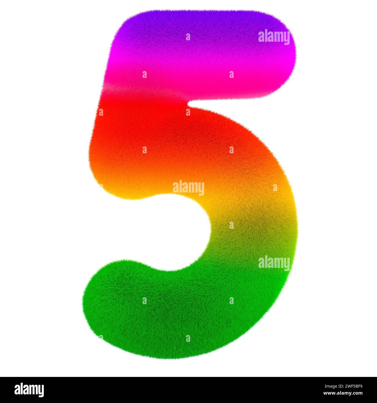 Number 5, Colored, fluffy, hairy font. 3D rendering isolated on white ...