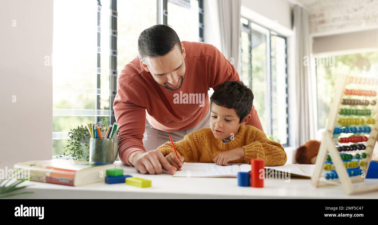 Home learning, dad or school kid in kindergarten studying for knowledge ...