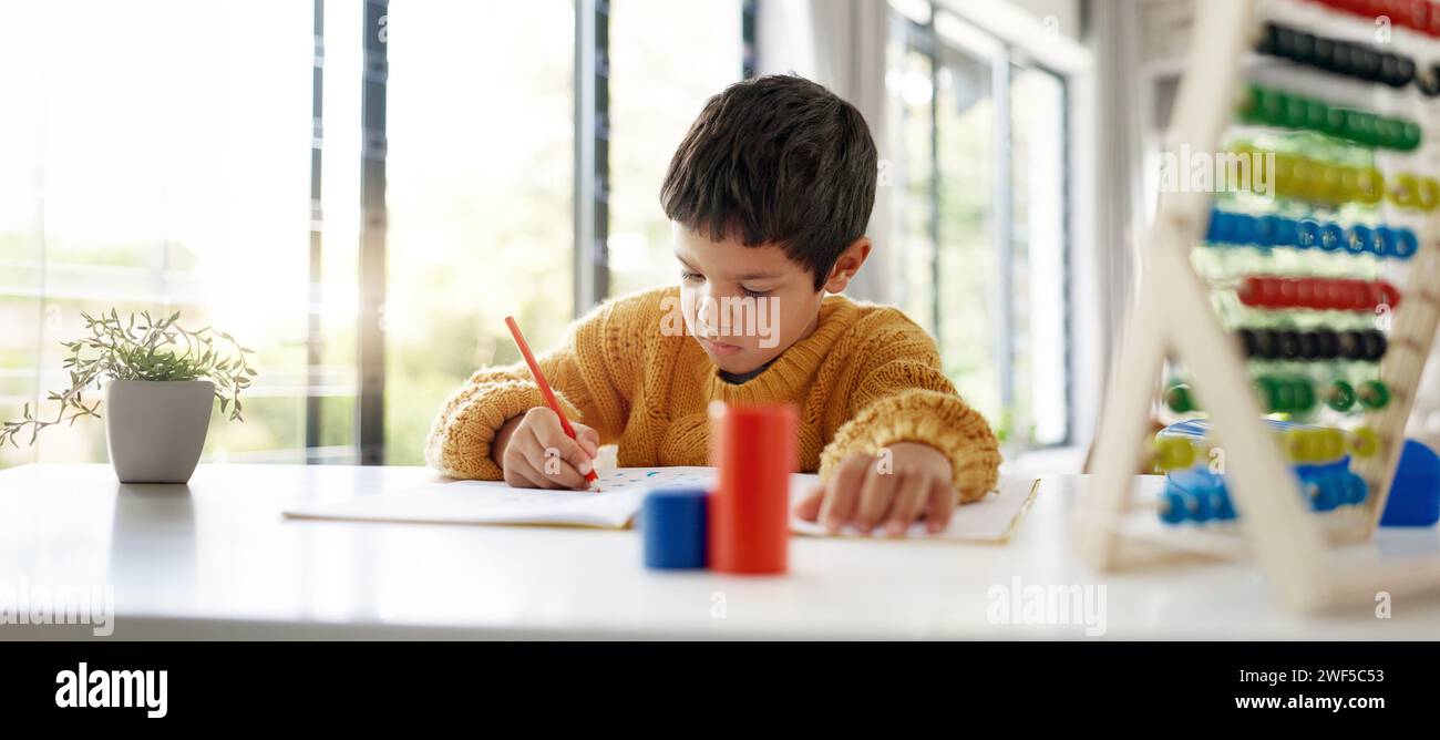 Student, drawing or child writing homework on notebook in kindergarten ...