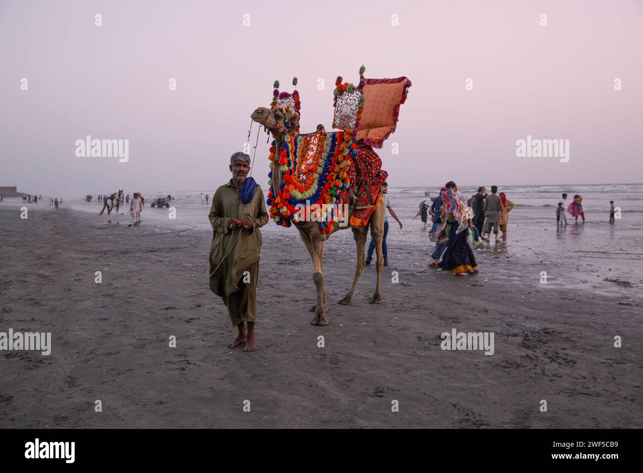23 September 2023, Karachi, Pakistan. Local people with camel and ...