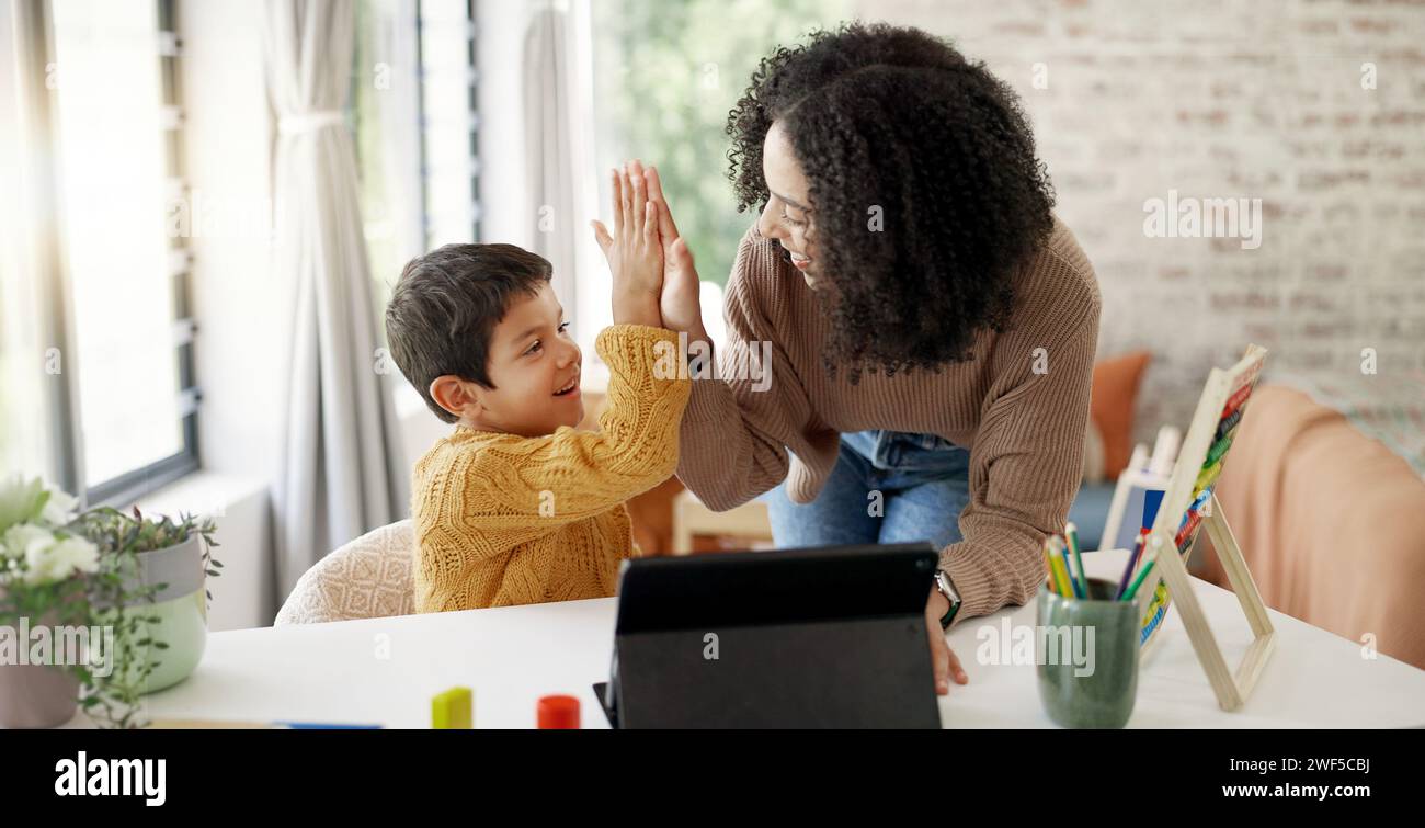 Mom, high five or child with tablet for elearning education ...