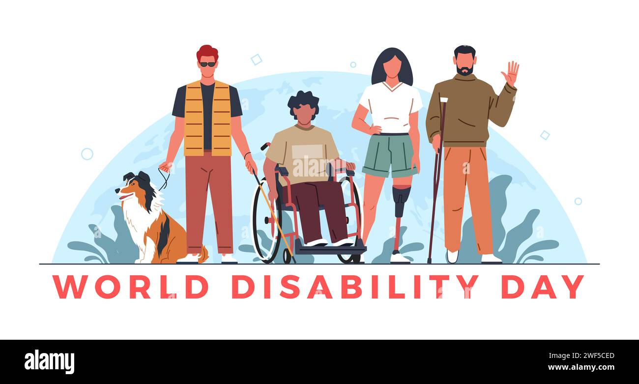 World disability day. People group with prosthetics, walking stick ...
