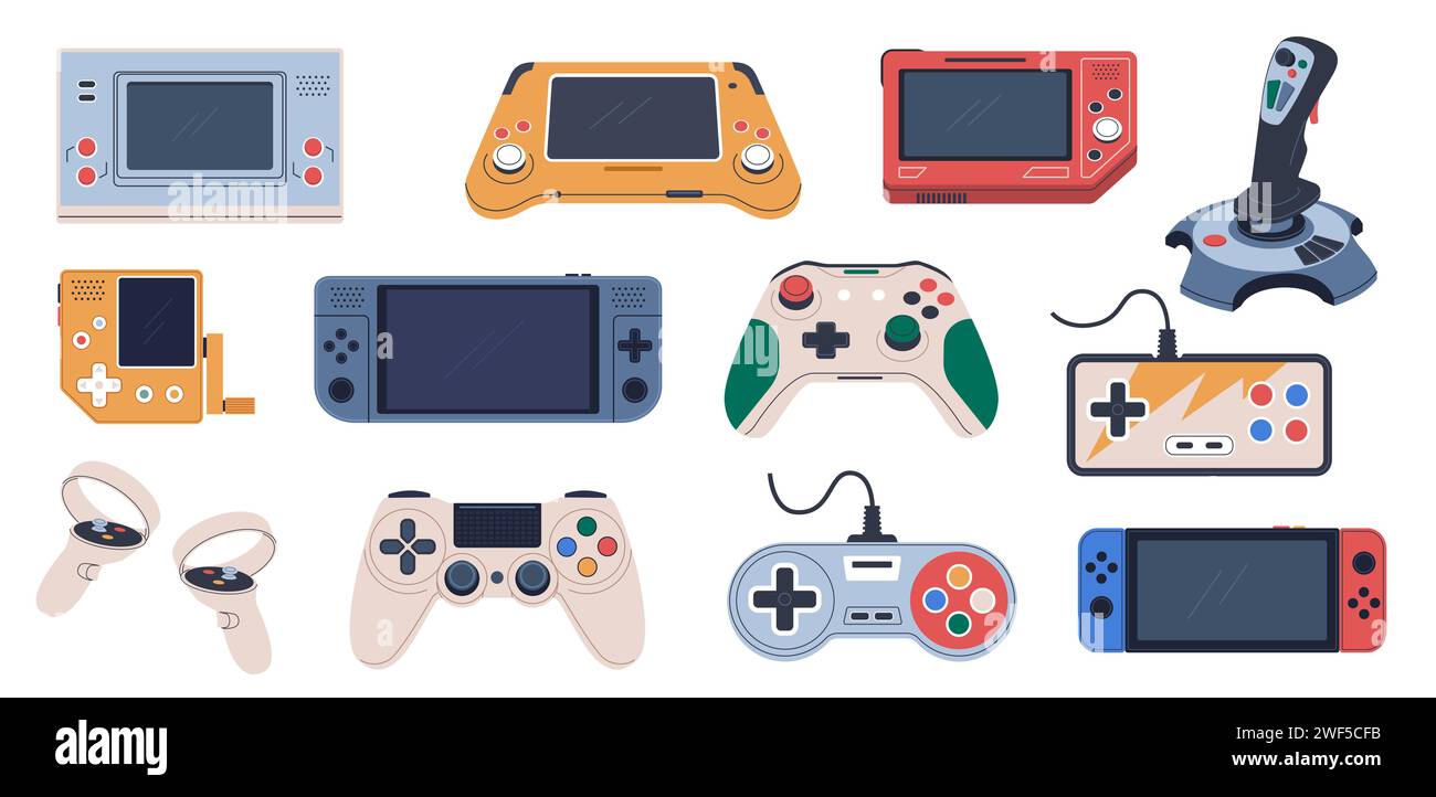 Videogame joysticks. Retro game consoles and wireless gamepads, playing ...