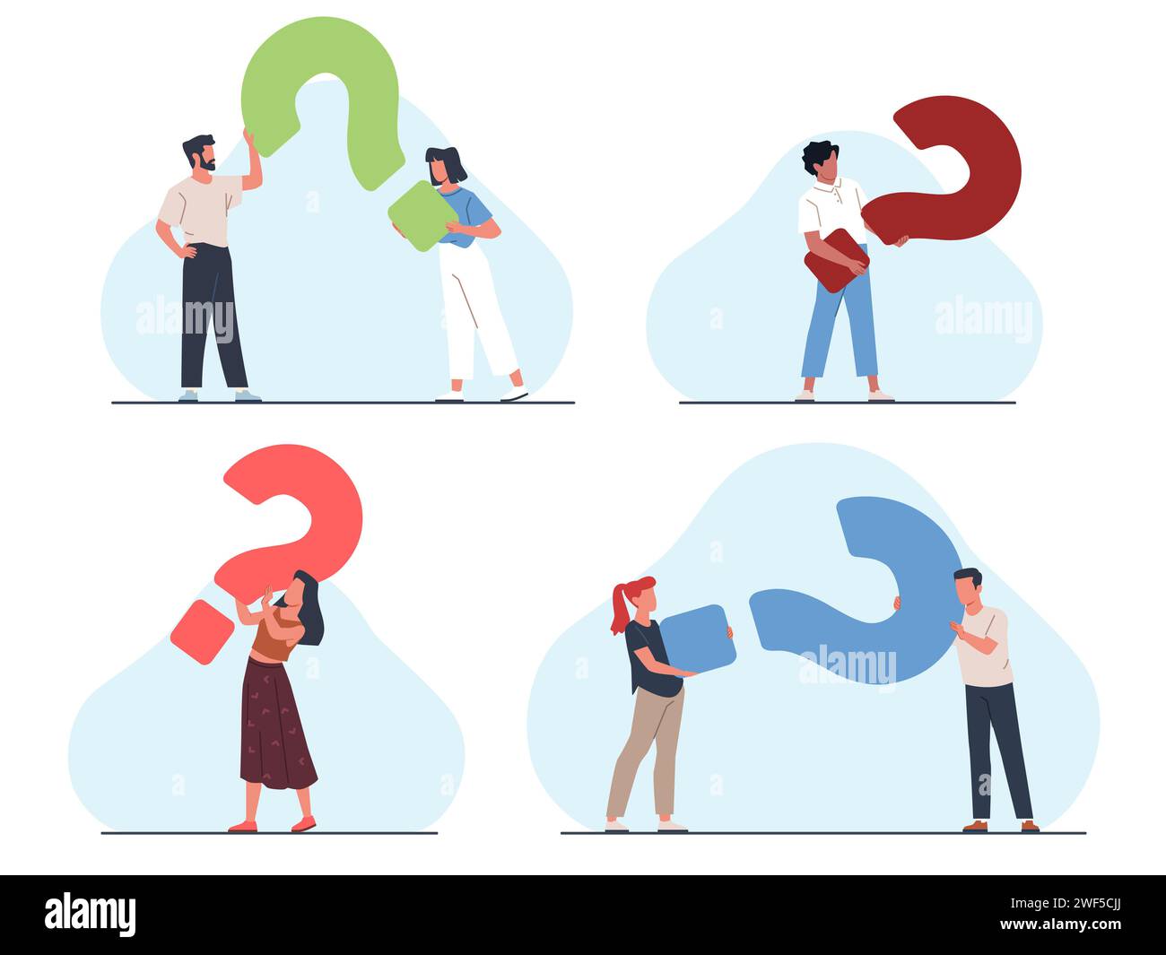 Set of men and women holding large question marks. People solving problems and finding new ...