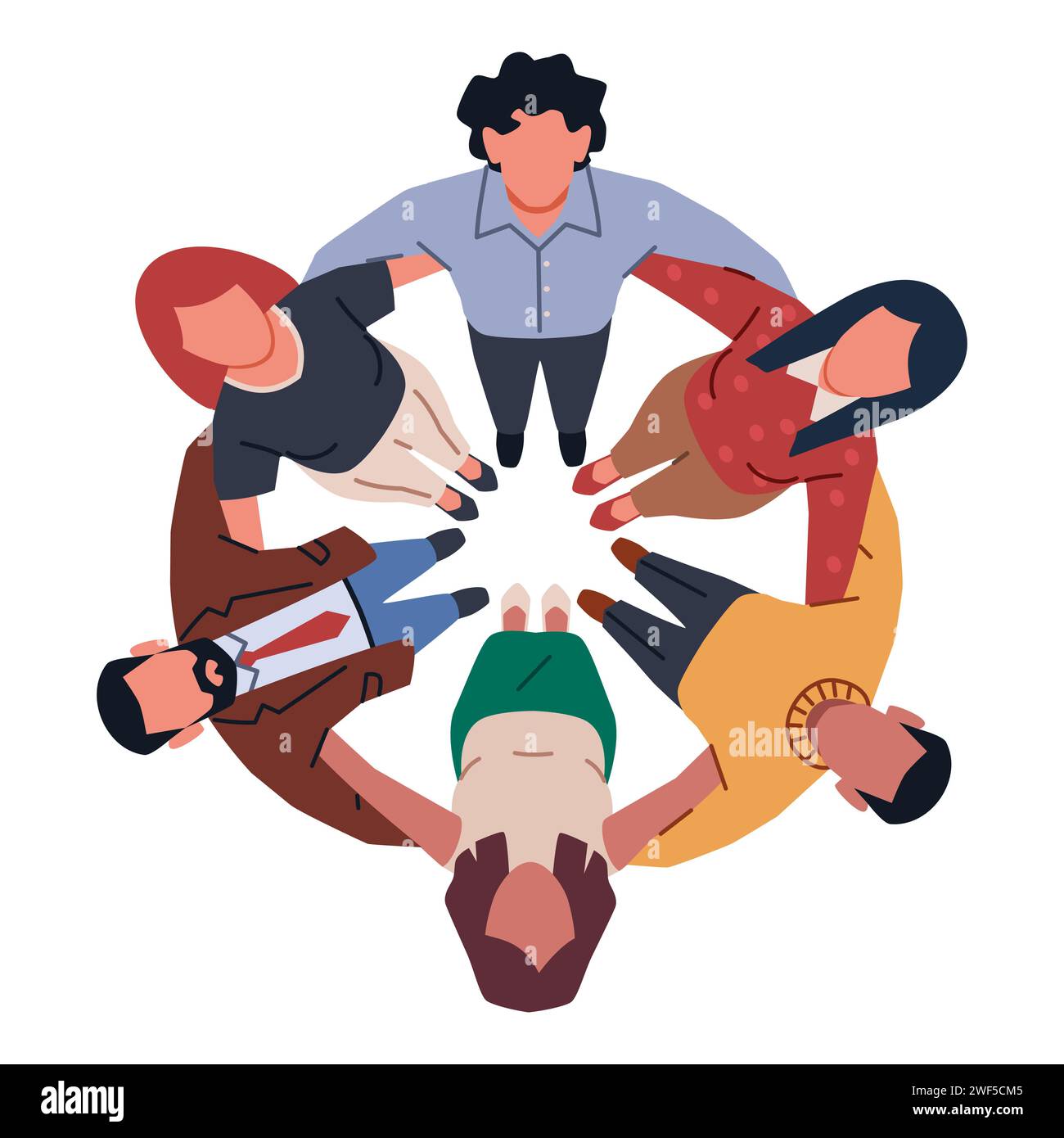 Team huddle. Business people looks up, gathered in circle, hugging ...