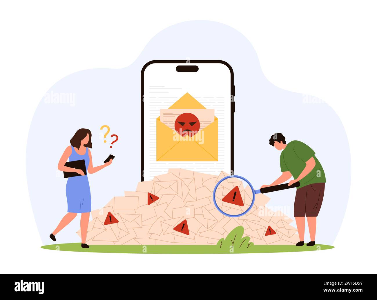 Warning Scam And Spam Notification In Mailbox Mobile App Tiny People Looking Through Magnifying
