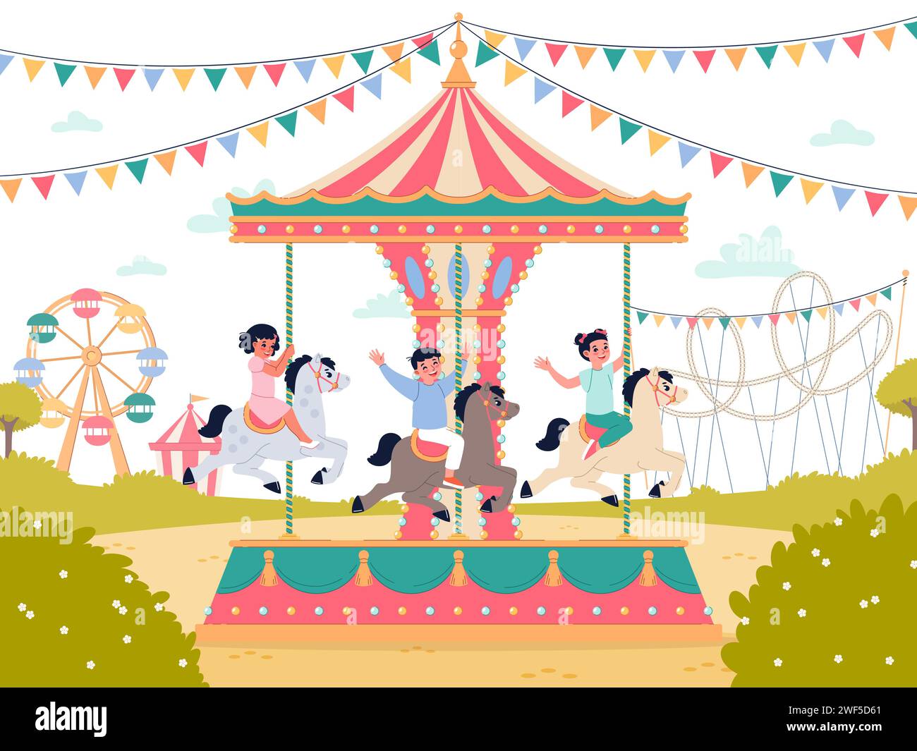 Happy kids on carousel. Smiling children in amusement park, boys and ...