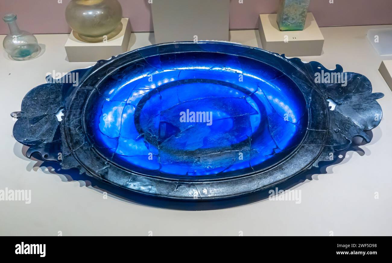 Colorful blue glass tray, Roman period, Ephesus museum Turkey Stock ...