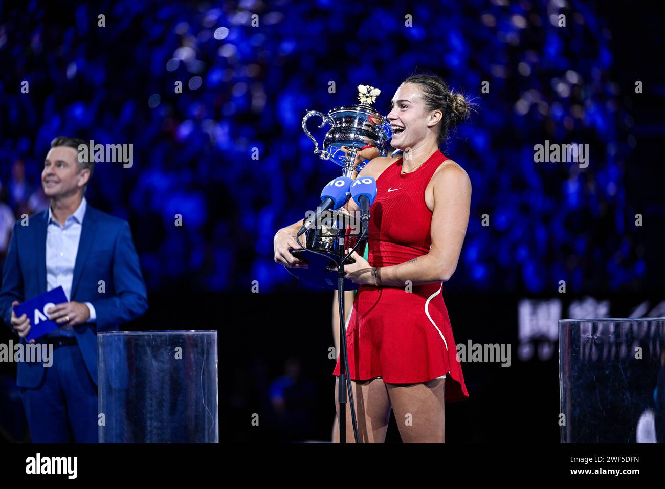Paris, France. 27th Jan, 2024. Aryna Sabalenka with the trophy during the Australian Open AO ...