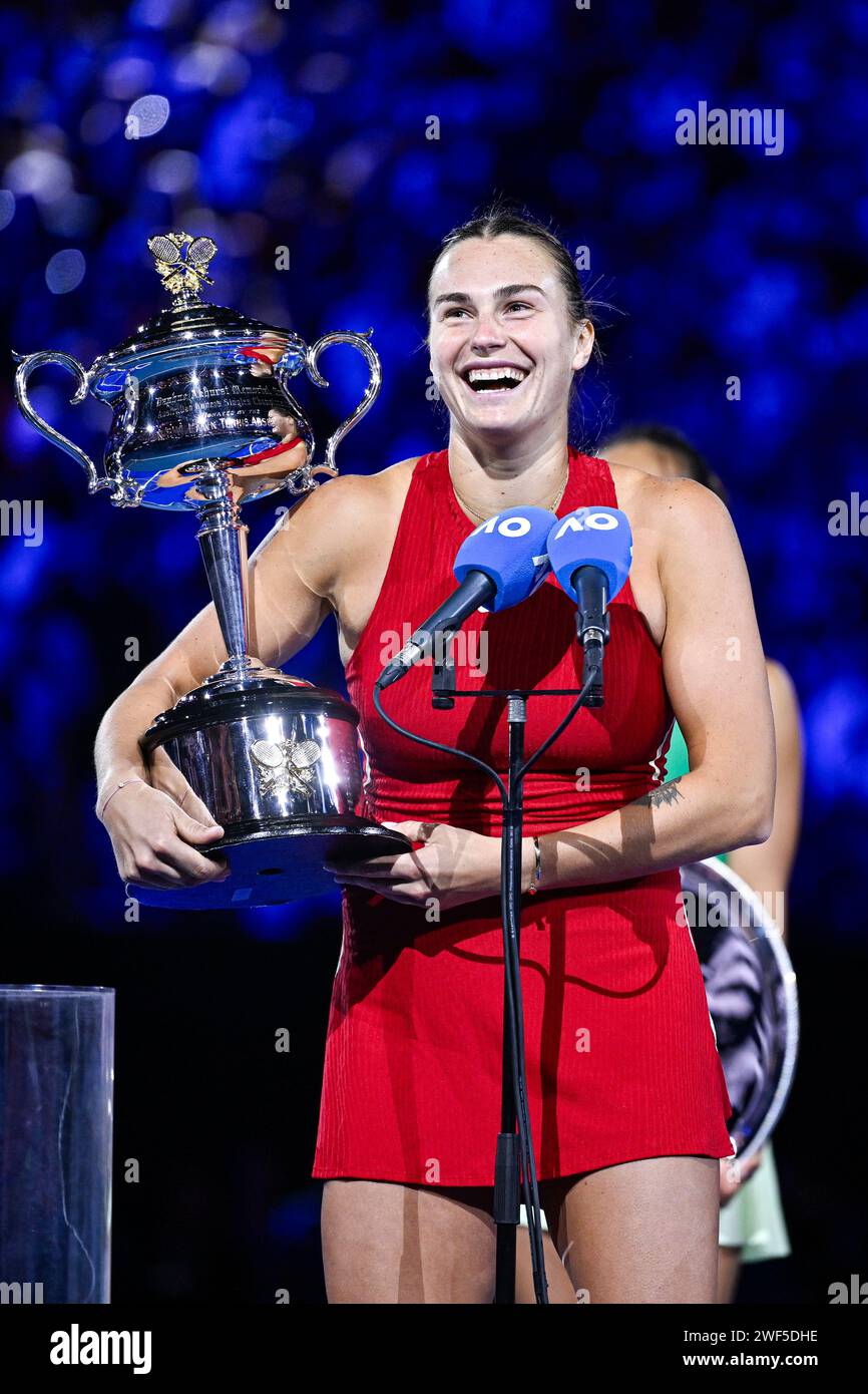 Paris, France. 27th Jan, 2024. Aryna Sabalenka with the trophy during the Australian Open AO ...