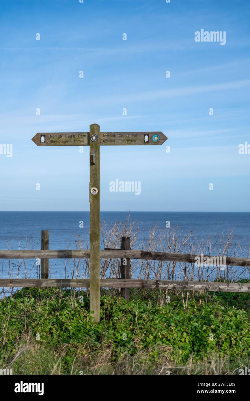 Sheringham, Norfolk, UK – January 27 2024. Norfolk coastal path sign ...