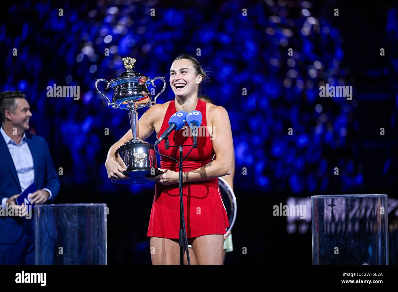 Paris, France. 27th Jan, 2024. Aryna Sabalenka with the trophy during the Australian Open AO ...