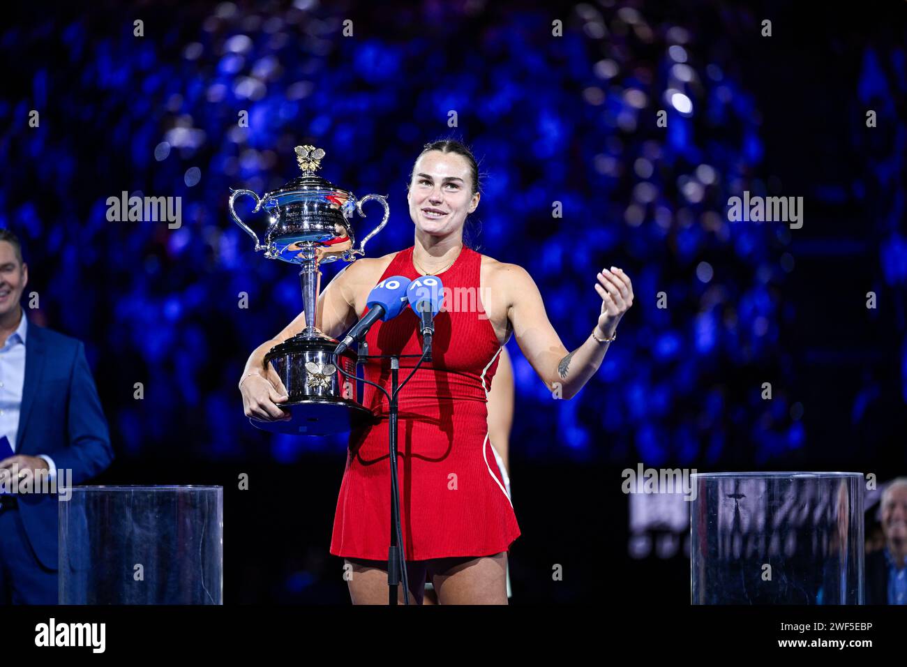 Paris, France. 27th Jan, 2024. Aryna Sabalenka with the trophy during the Australian Open AO ...