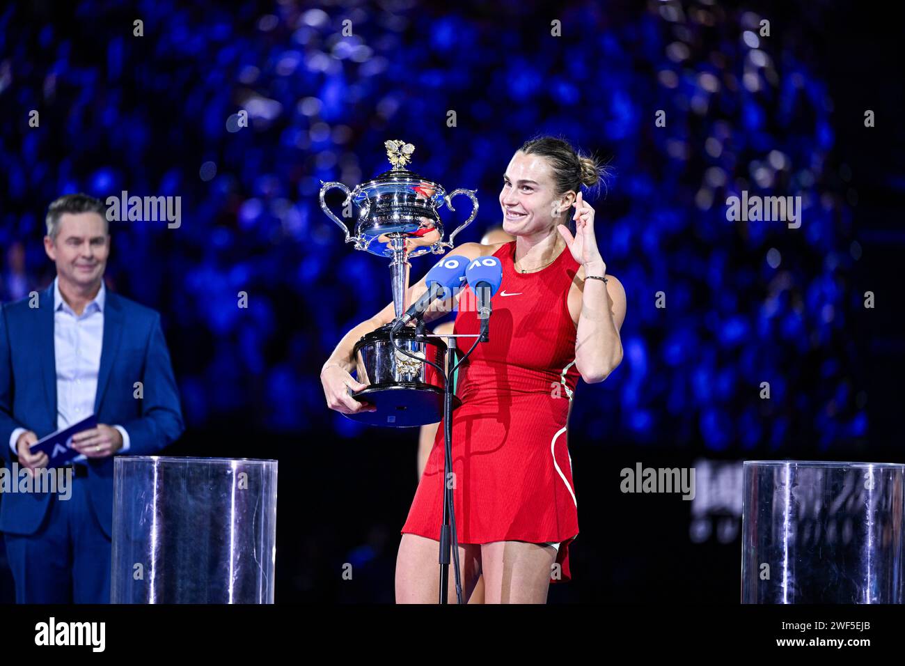 Paris, France. 27th Jan, 2024. Aryna Sabalenka with the trophy during the Australian Open AO ...