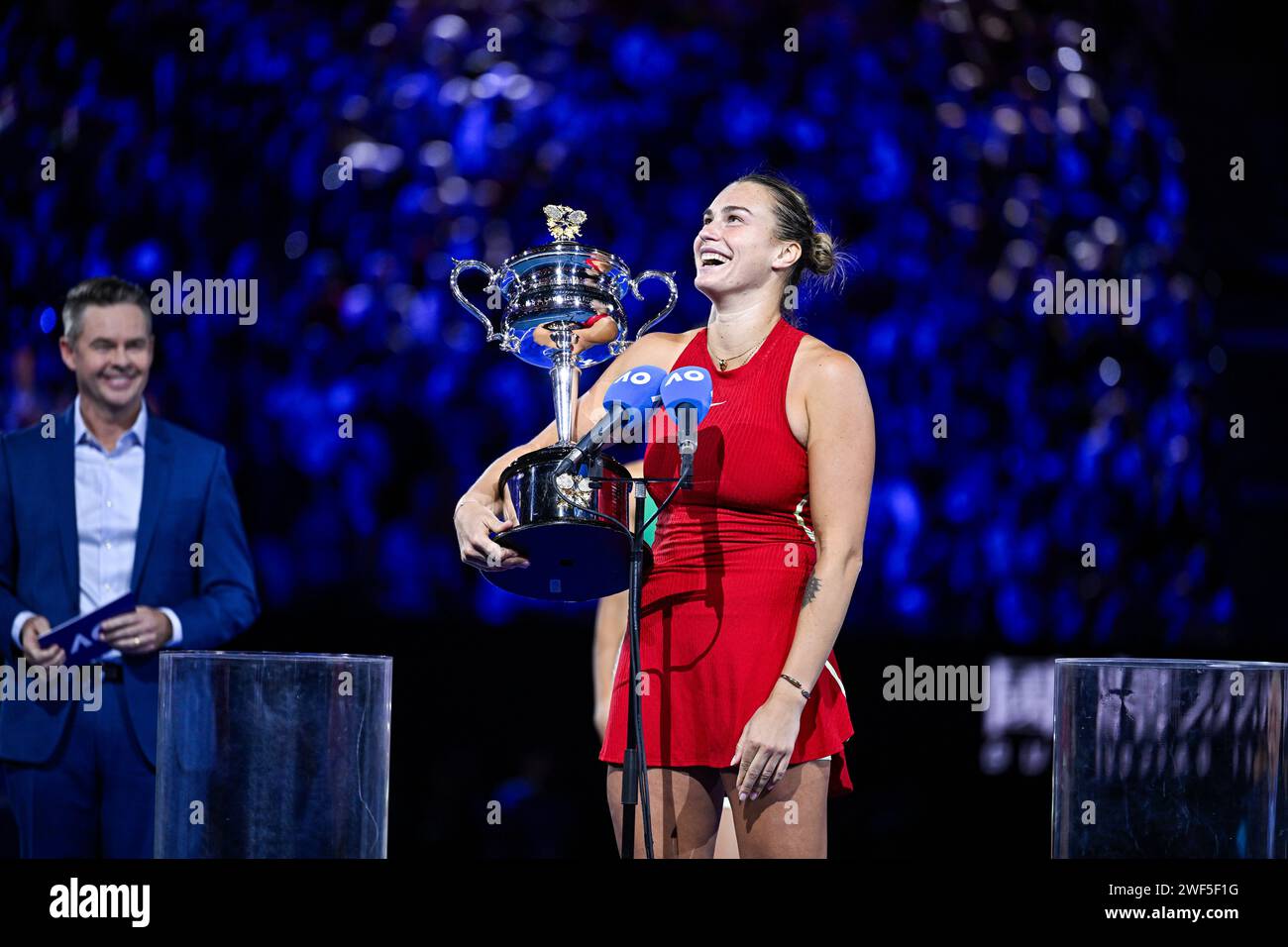 Paris, France. 27th Jan, 2024. Aryna Sabalenka with the trophy during the Australian Open AO ...
