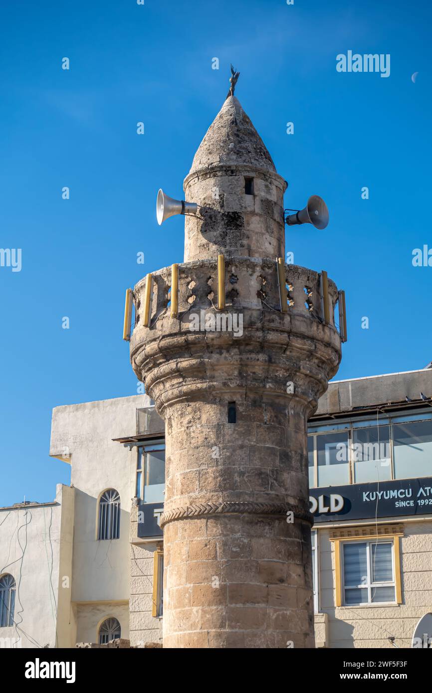 View of a minaret of Şanlıurfa Kadıoğlu Mosque, historic mosque in Urfa ...