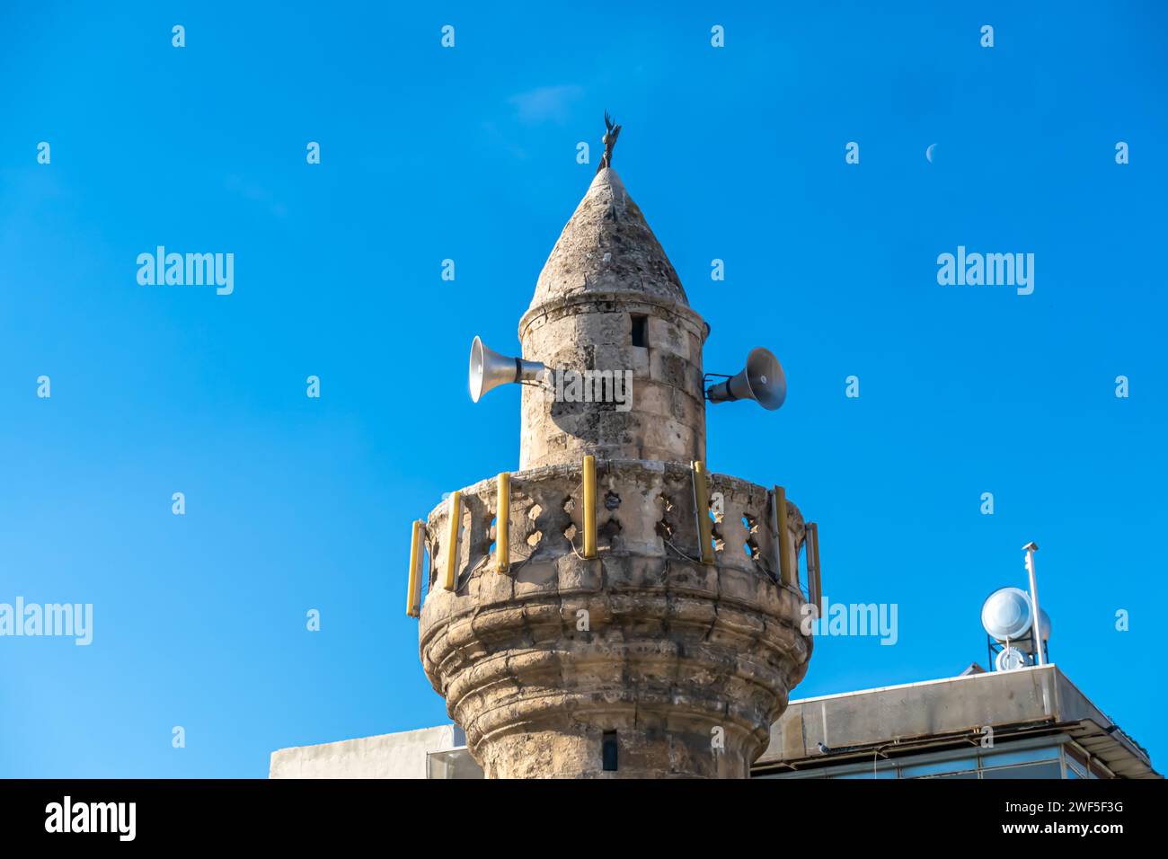 View of a minaret of Şanlıurfa Kadıoğlu Mosque, historic mosque in Urfa ...
