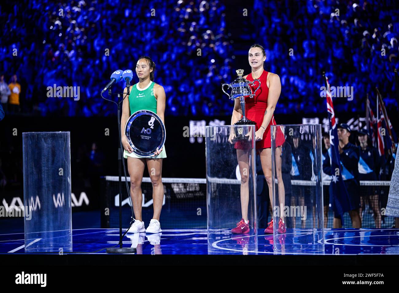 Paris, France. 27th Jan, 2024. Aryna Sabalenka and Zheng Qinwen during the Australian Open AO ...