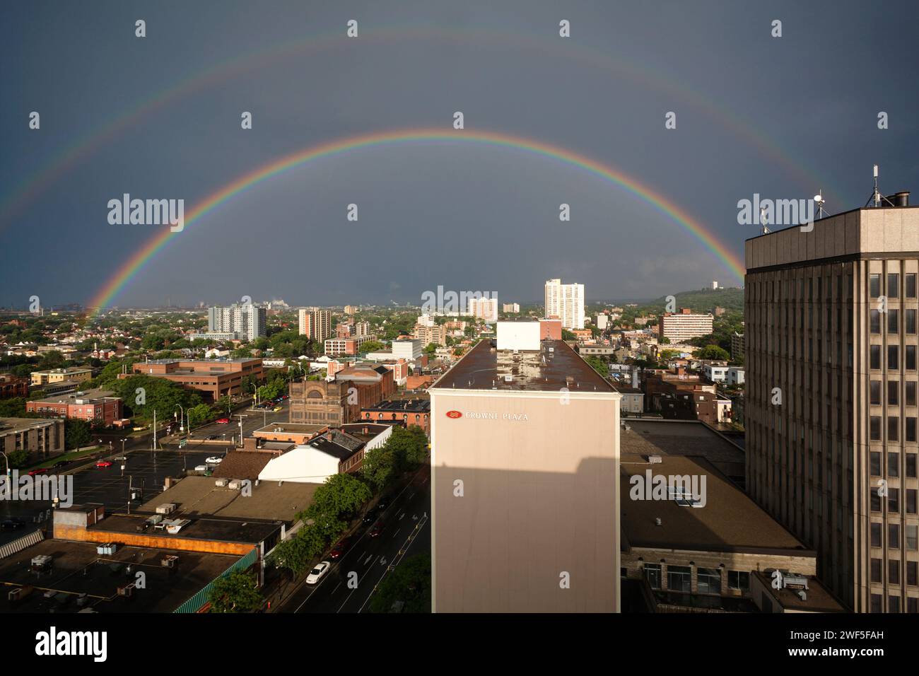 A double rainbow with a stormy sky in Hamilton, Ontario, Canada Stock ...