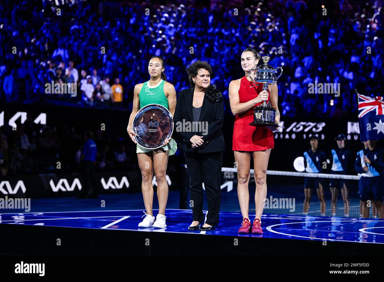 Paris, France. 27th Jan, 2024. Aryna Sabalenka and Zheng Qinwen during the Australian Open AO ...