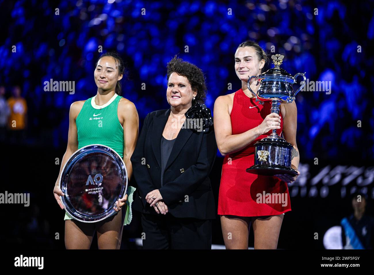 Paris, France. 27th Jan, 2024. Aryna Sabalenka and Zheng Qinwen during the Australian Open AO ...