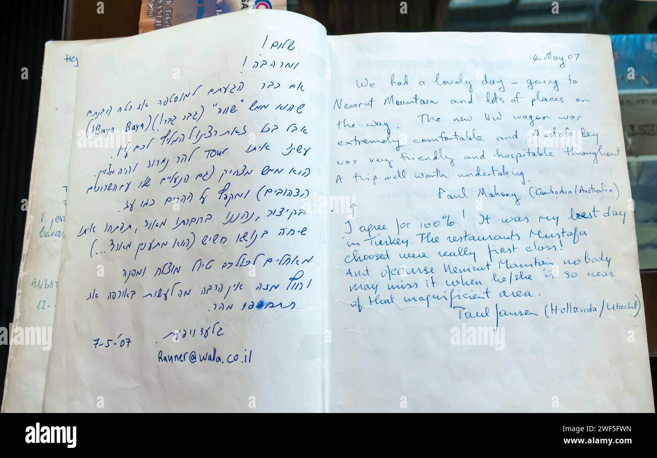 Hand-written reviews by guests in Hebrew language and English, a hotel ...