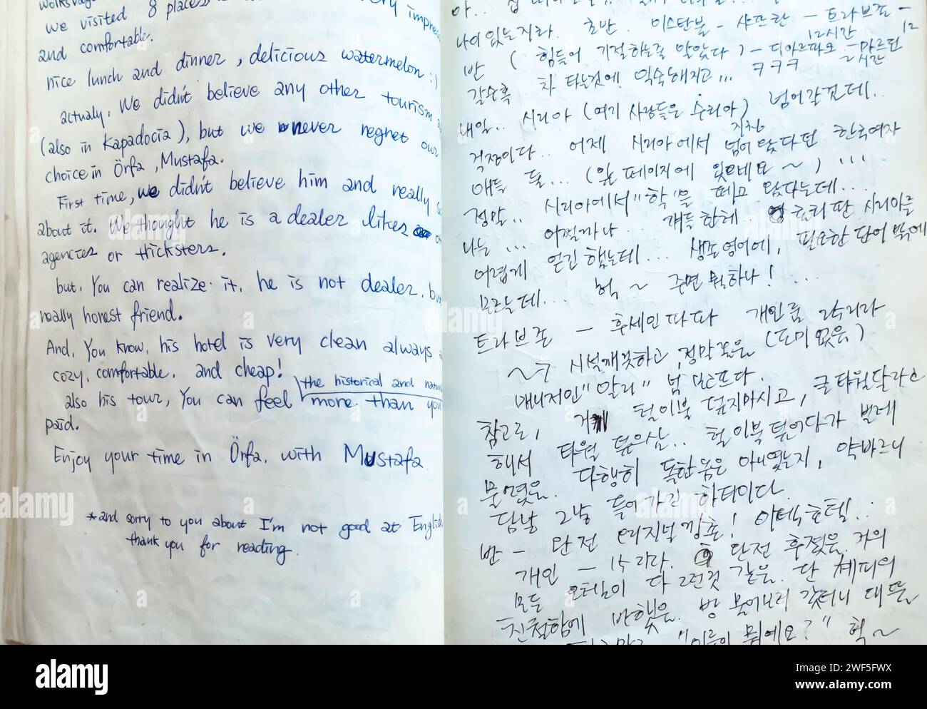 Hand-written reviews by guests in Korean and English, a hotel guest ...