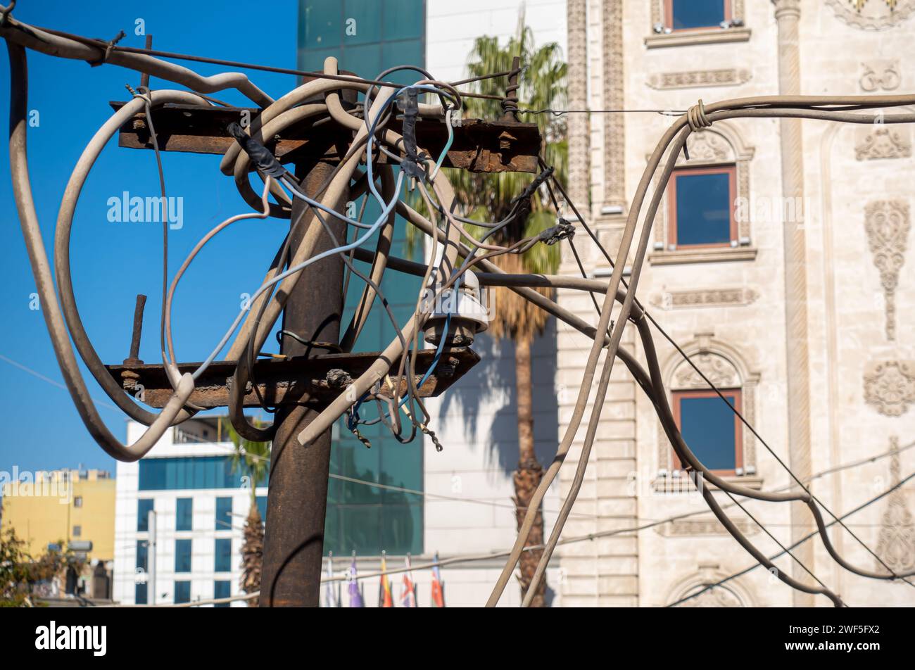 Electricity pole in the historic town of Sanliurfa Turkey Fluorescent ...