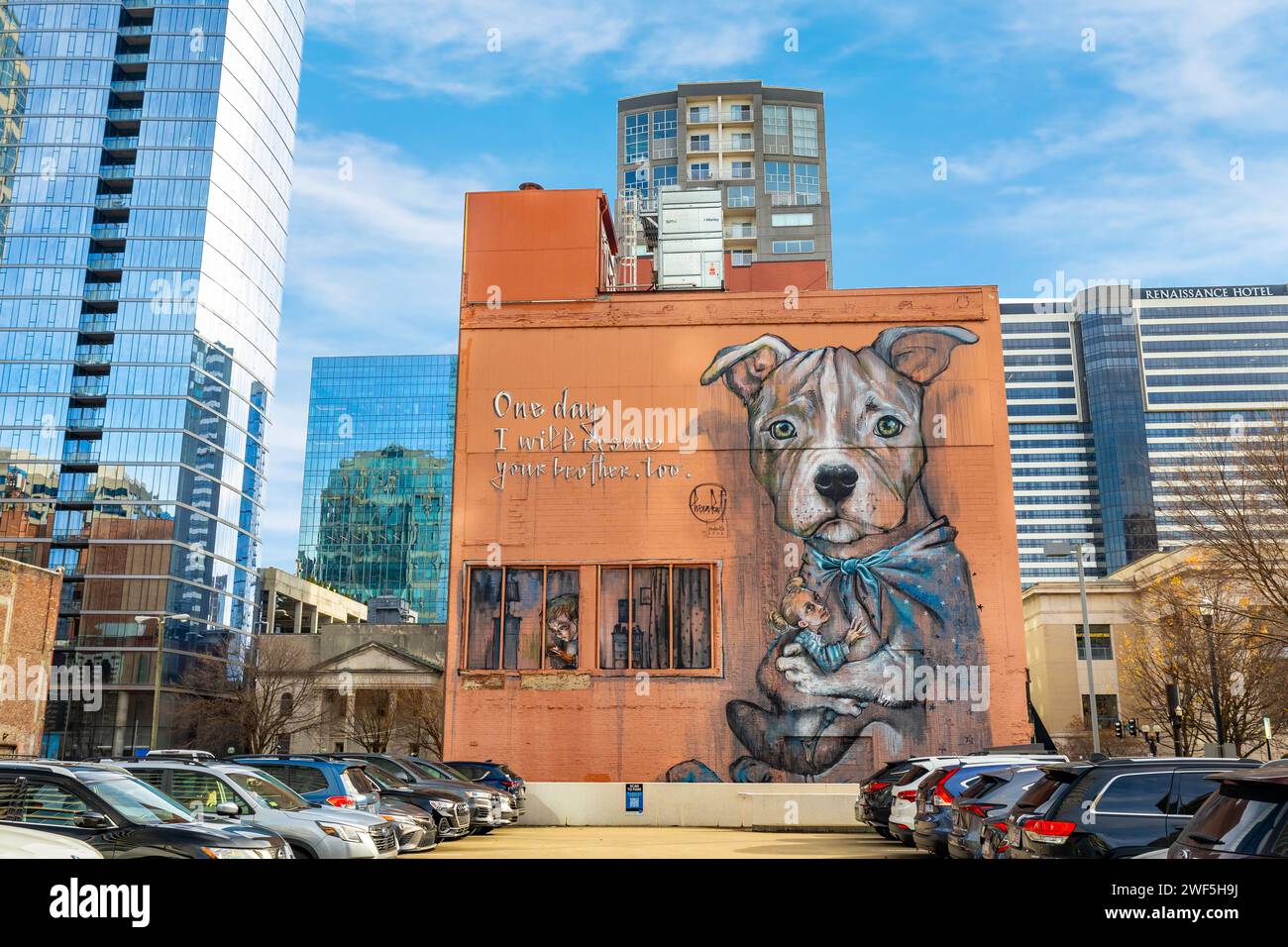 Nashville, TN, USA - 12-24-2023: Rescue dog famous graffiti in downtown Nashville parking Stock ...