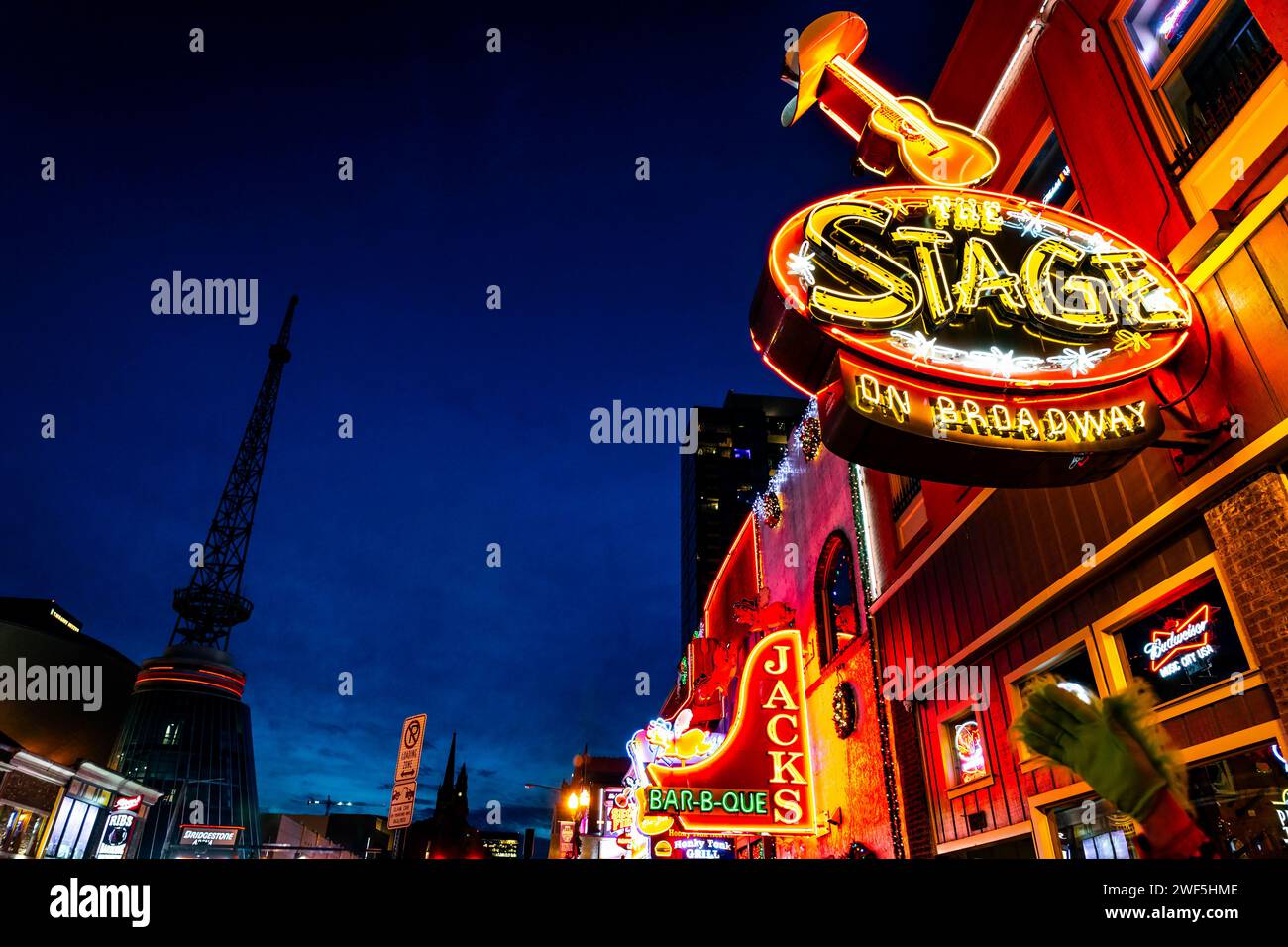 Nashville, TN, USA - 12-24-2023: Famous Neon signs of blues clubs on Beale street illuminated at ...