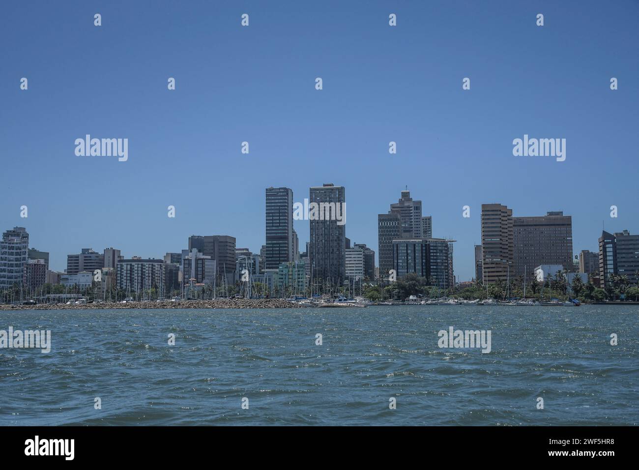 Durban skyline building and tower taken from Indian ocean South Africa ...