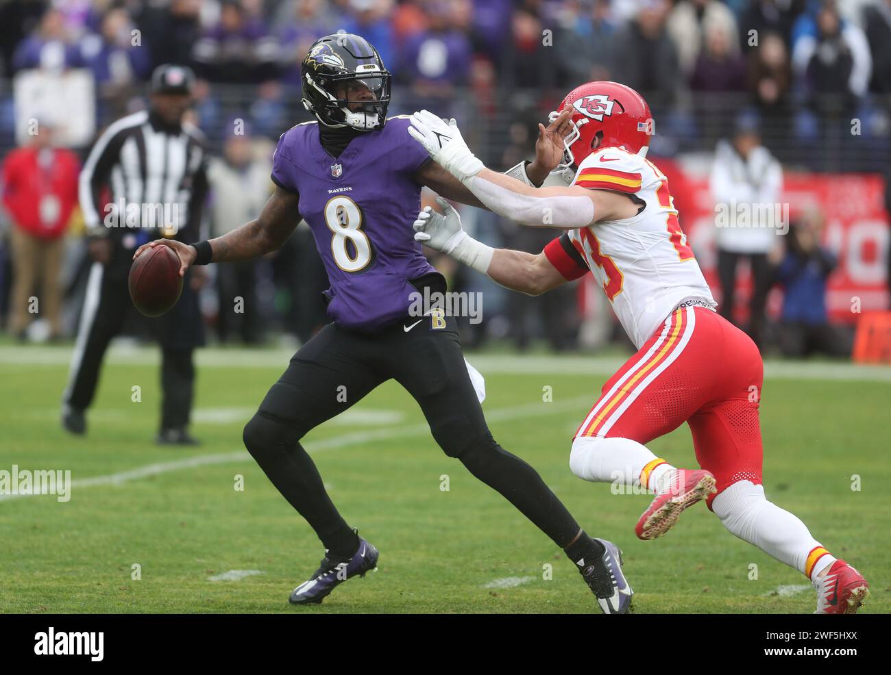 January 28, 2024: Baltimore Ravens QB Lamar Jackson (8) under pressure ...