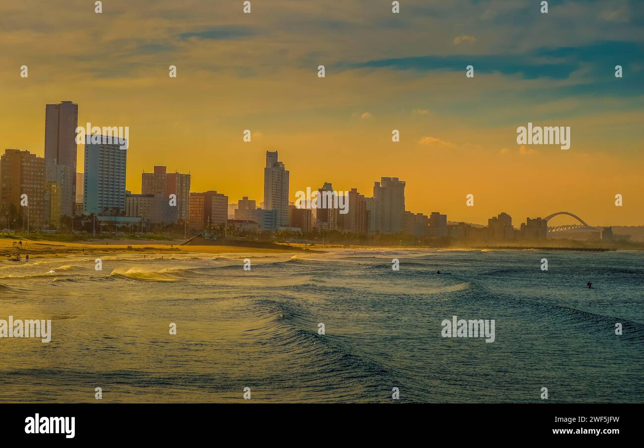 Durban golden mile beach with white sand and skyline KZN South Africa ...