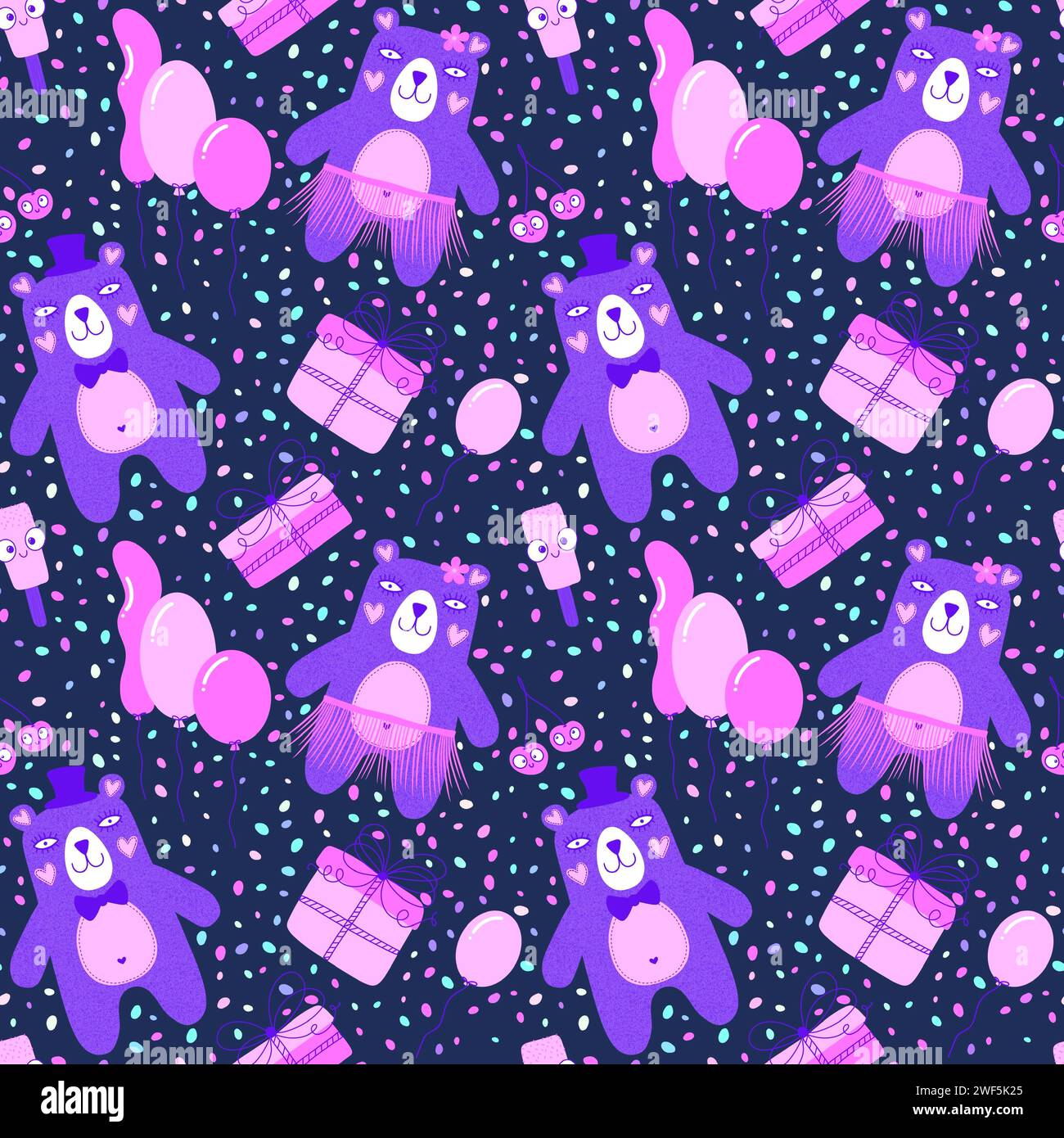 Birthday party cartoon animals seamless bears and balloons and gift ...